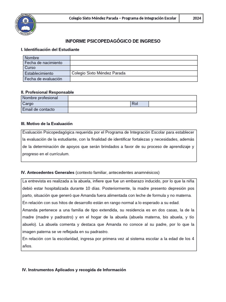 Formato Informe Psicopedagógico de Ingreso | PDF | Aprendizaje | Cognición