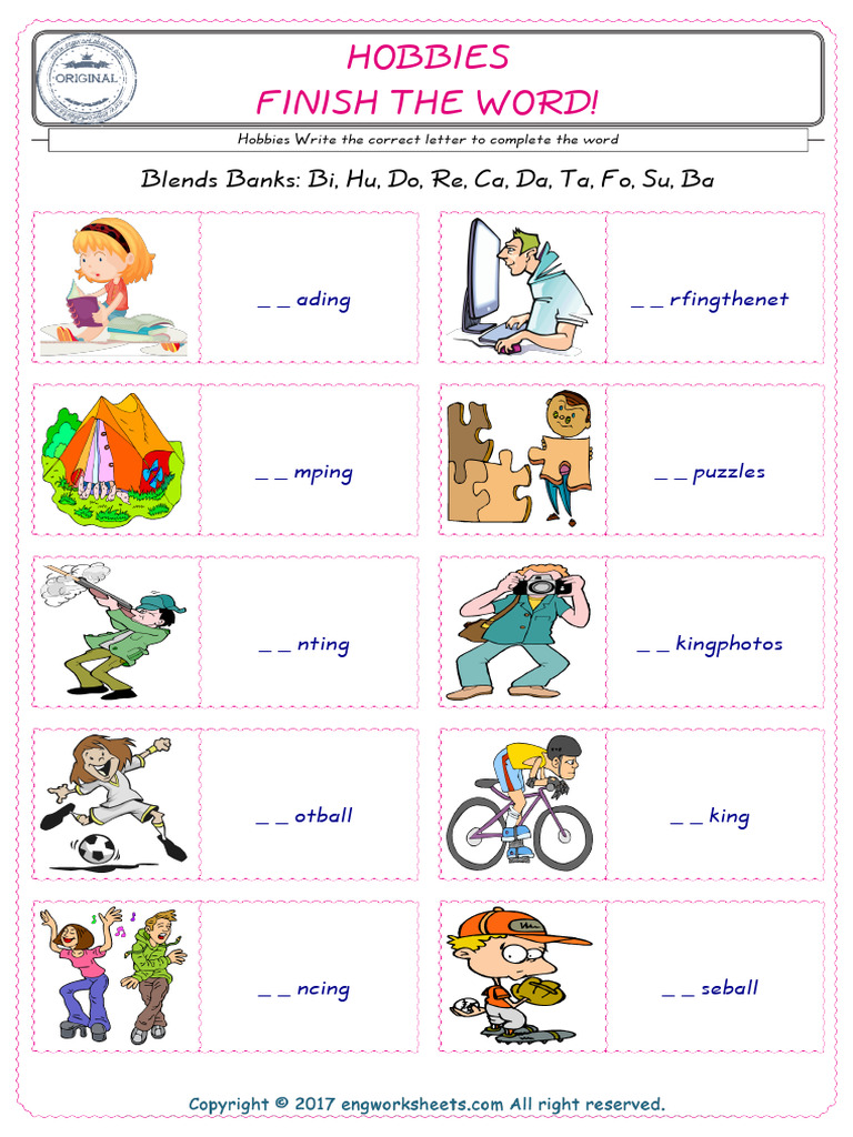 Complete the Word: Hobbies Worksheet | PDF