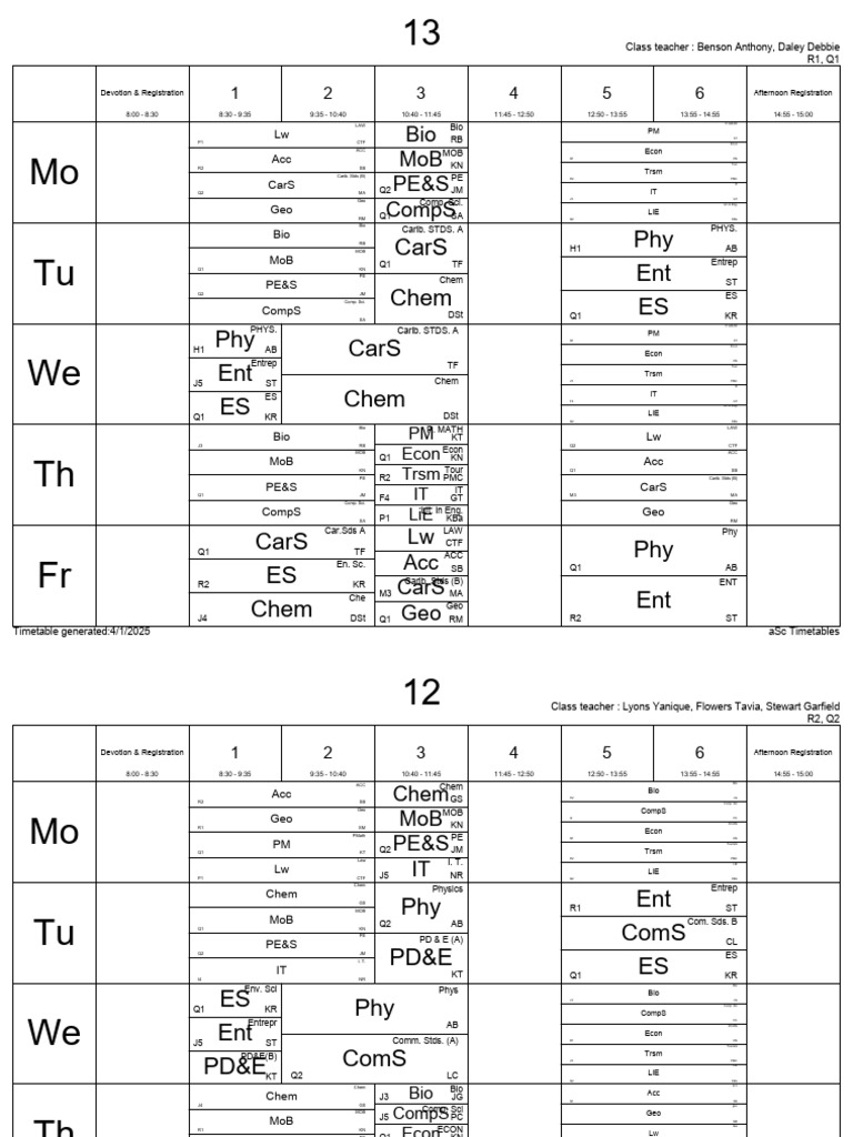 Cc Class Timetable Draft 12 2024-2025 | PDF