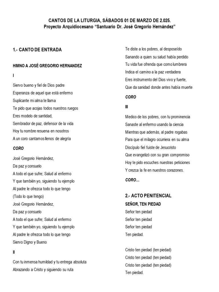 Cantos de La Liturgia Misa Se Acción de Gracias Santuario JGH | PDF ...