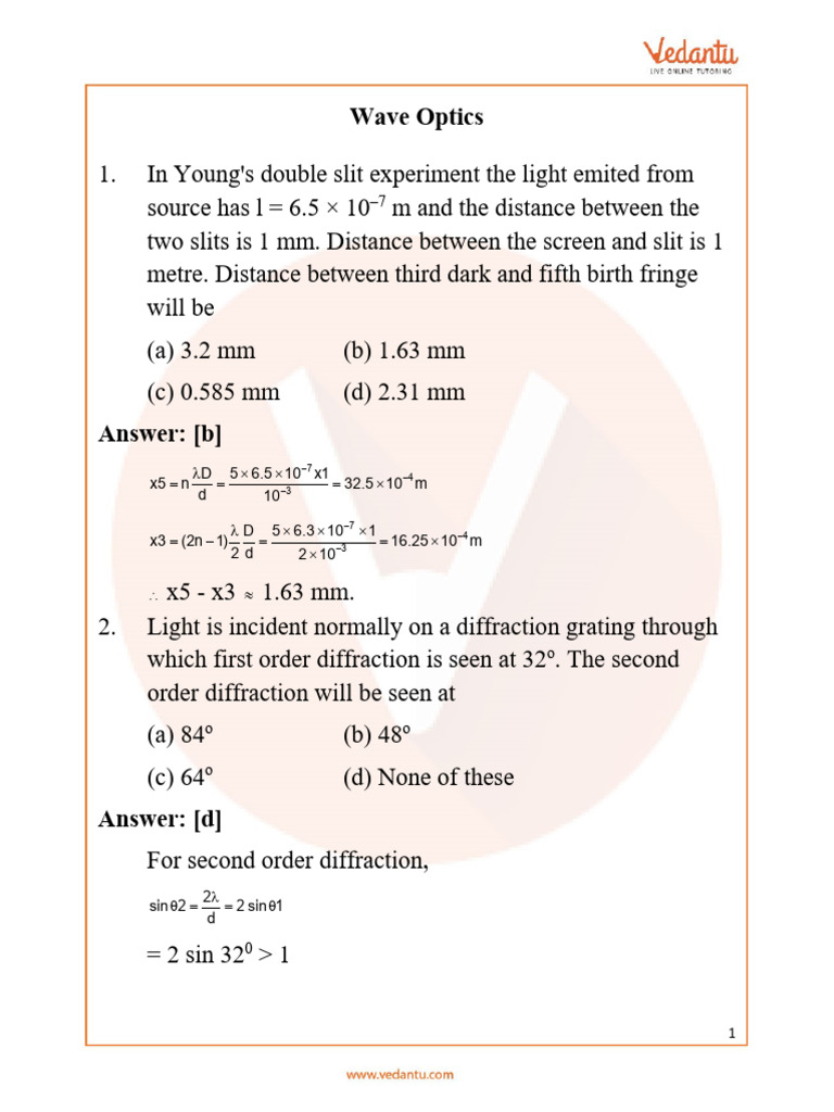 NEET Wave Optics Important Questions | PDF | Diffraction | Wavelength