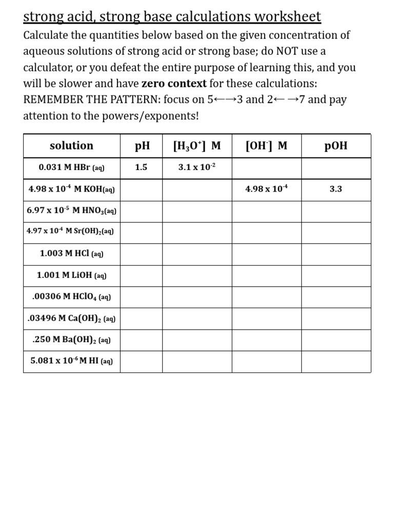 Strong Acid and Base Calculations Worksheet | PDF