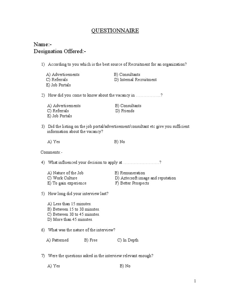 Research Questionnaire 189 | PDF | Recruitment | Interview