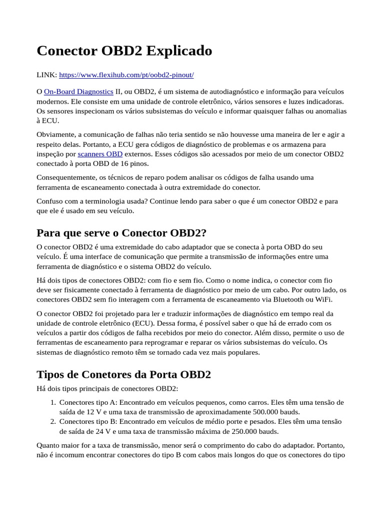 Conector OBD2 Explicado | PDF | Conector elétrico | Eletrônicos