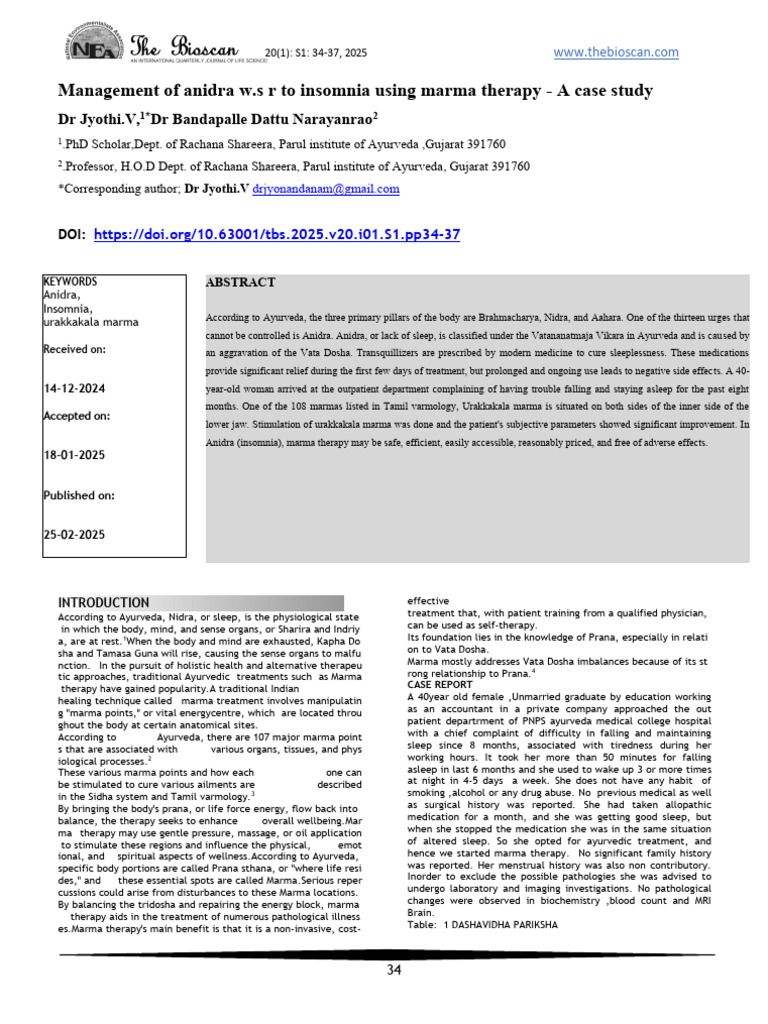 Management of Anidra Ws R To Insomnia Using Marma | PDF | Ayurveda | Insomnia