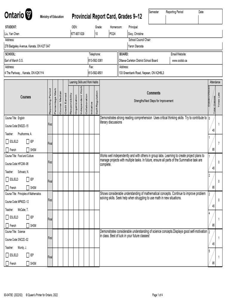 Grade 10 Provincial Report Card 2025 | PDF | Behavior Modification ...