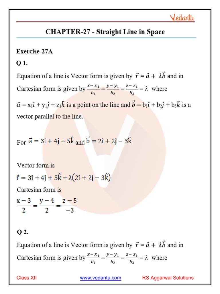 RS Aggarwal Class 12 Solutions Chapter-27 Straight Line in Space | PDF | Line (Geometry ...