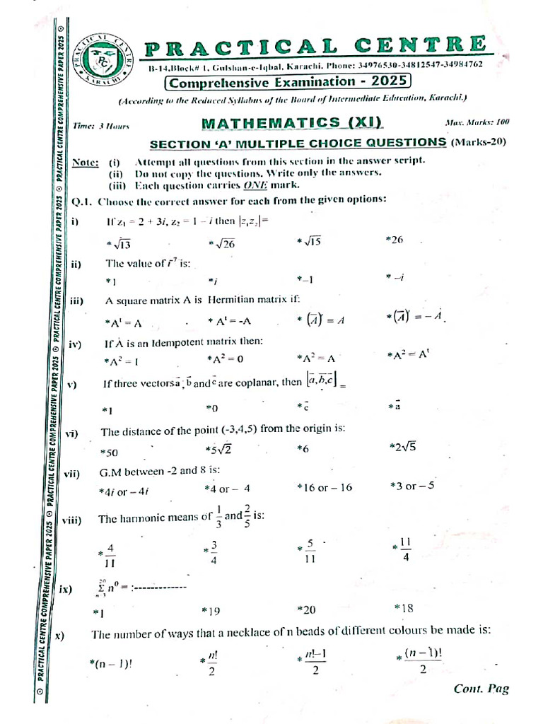 XI Math's PC Comprehensive Exams-2025 | PDF