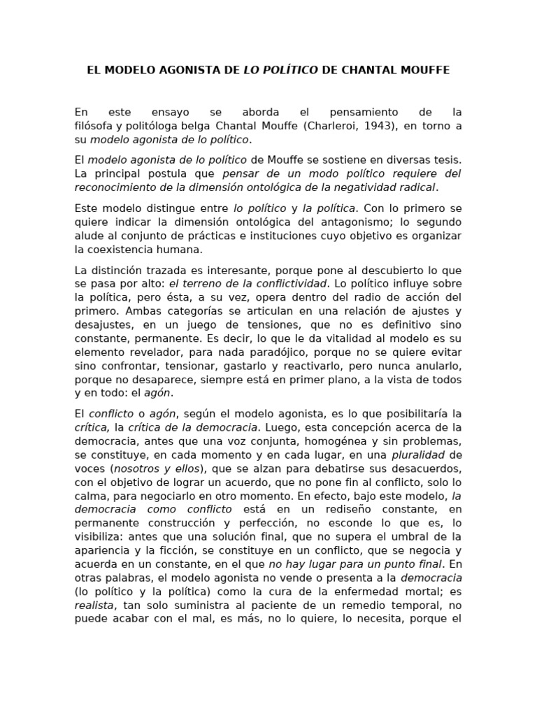 El Modelo Agonista de Lo Político de Chantal Mouffe | PDF | Democracia ...