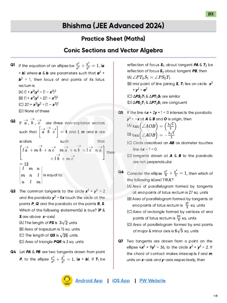 Conic Sections and Vector Algebra Practice Sheet | PDF | Ellipse | Area