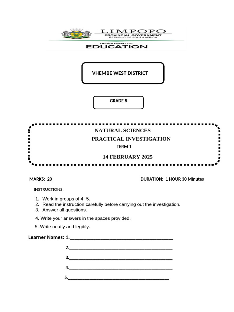 Grade 8 Term 1 Natural Science Practical Task 2025-1 | PDF ...