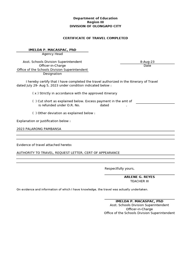Certificate of Travel Completed ARLENE REYES | PDF