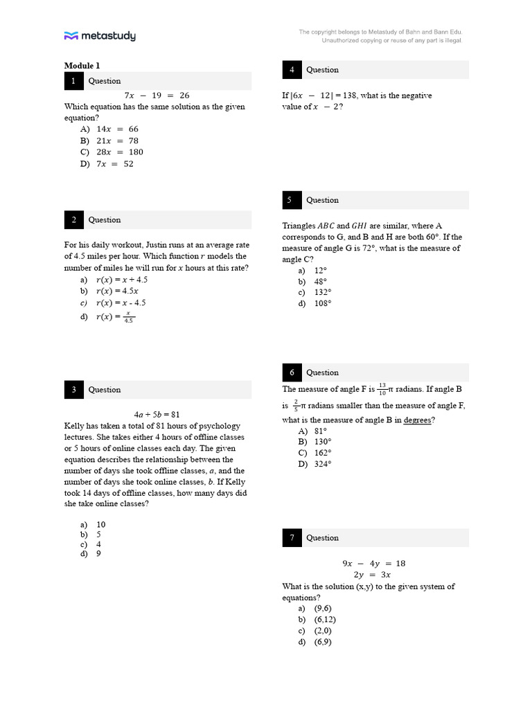 Algebra and Geometry Practice Questions | PDF | Area | Angle