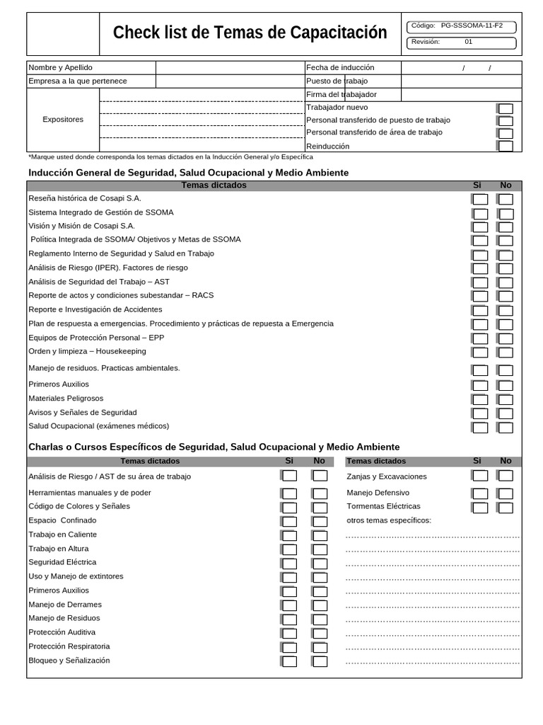 Check List de Temas de Capacitación | PDF | Seguridad y salud ...