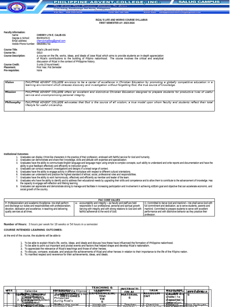 Rizal Course Obe Syllabus | PDF | Philippines