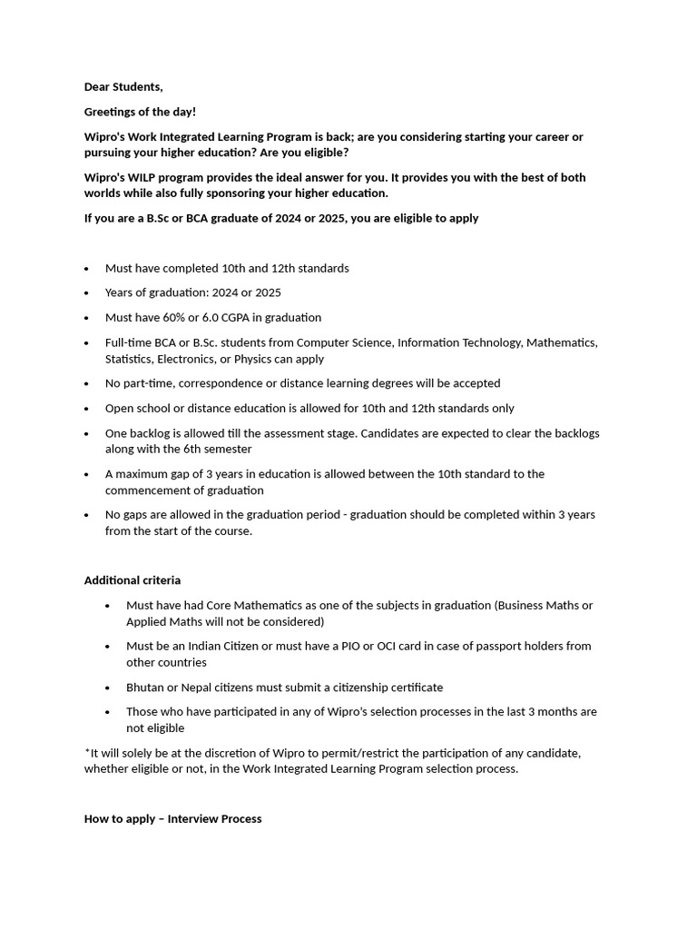 Wipro WIP Learnig Program - BCA and B.SC (CS) | PDF | Government And ...