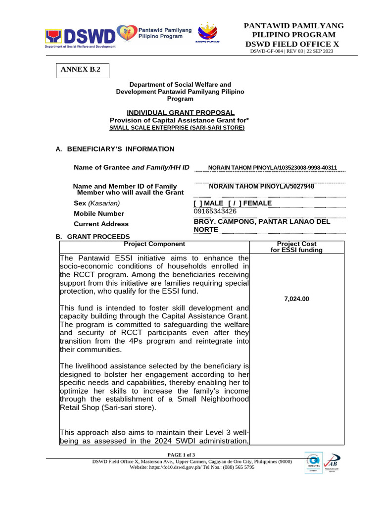 NORAIN PINOYLA ANNEX B2 | PDF | Welfare | Philippines