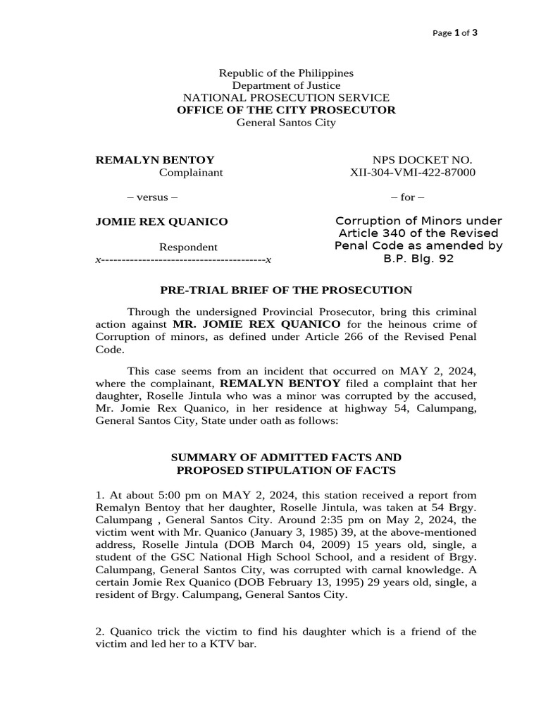 PRE-TRIAL-BRIEF | PDF | Prosecutor | Legal Procedure