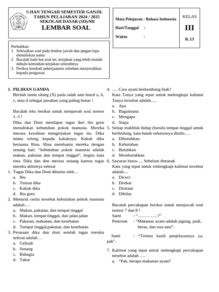 Soal Bindo Kelas 3 | PDF