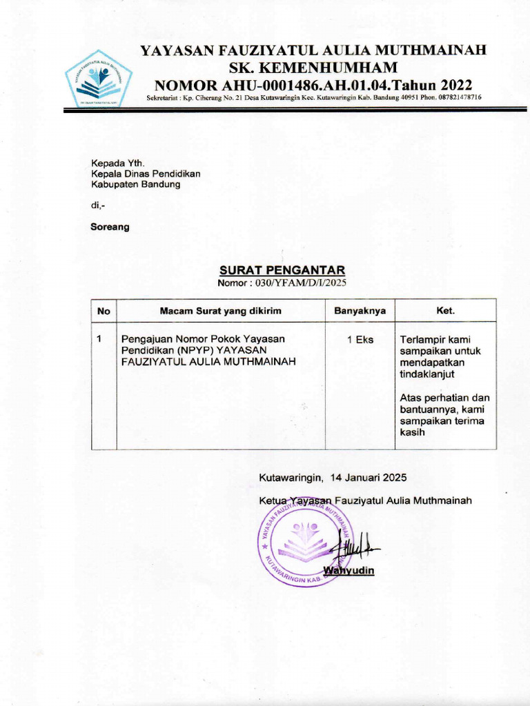 1 Surat Pengantar Pengajuan NPYP | PDF