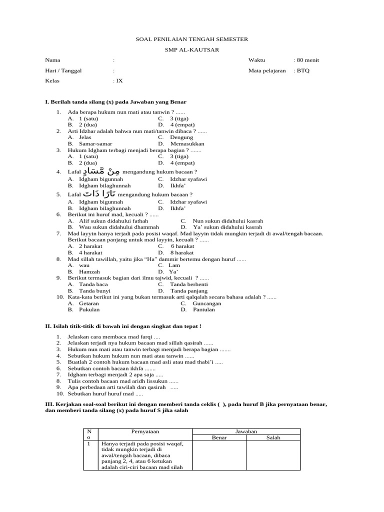 SOAL PENILAIAN TENGAH SEMESTER BTQ KLS 9 | PDF