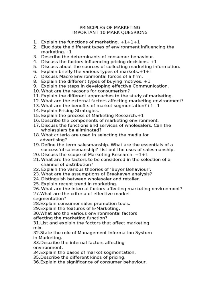 Important 10 Mark Questions | PDF | Marketing | Pricing