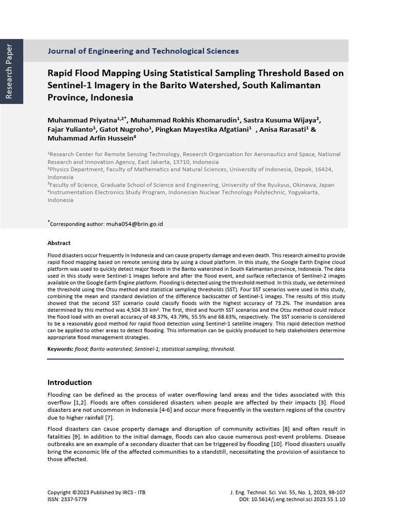Rapid Flood Mapping Using Statistical Sampling Threshold Based On Sentinel-1 Imagery in The ...