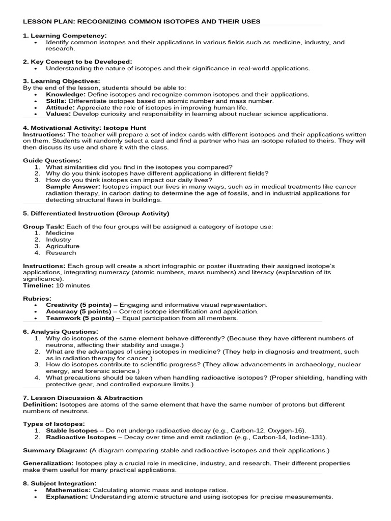 Lesson Plan Recognizing Common Isotopes and Their Uses | PDF | Isotope ...