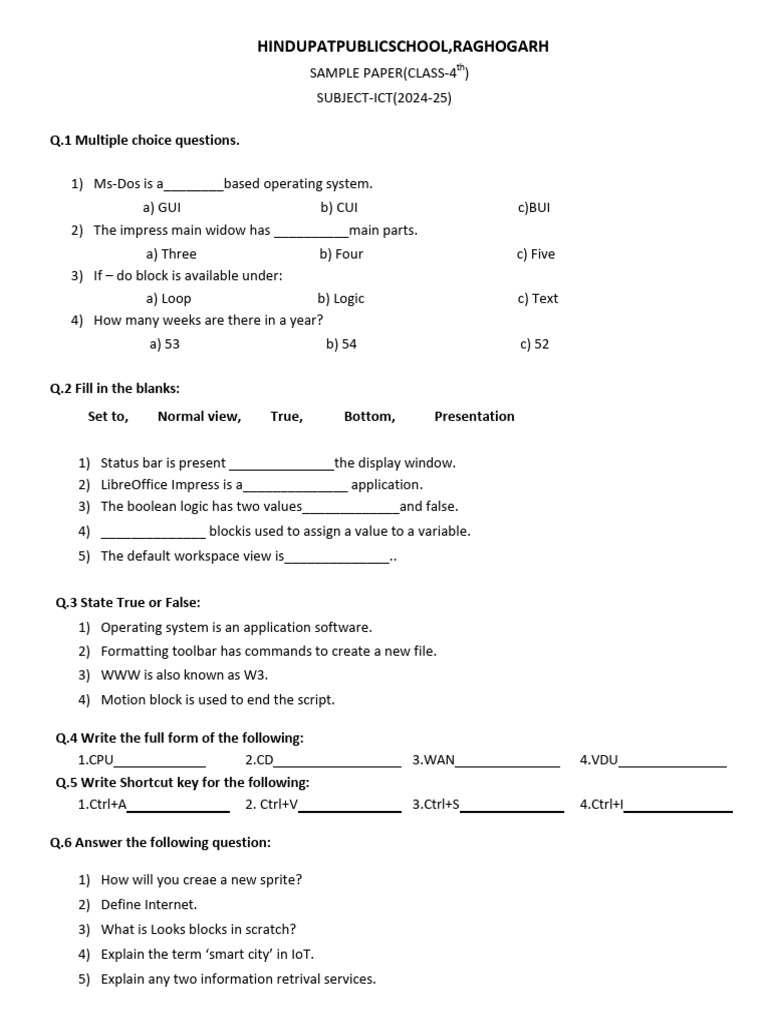 Class 4 ICT Sample Paper 2024-25 | PDF | Operating System | Software