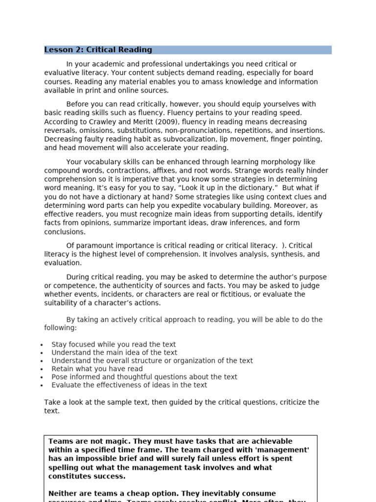 LESSON 2 Critical Reading | PDF
