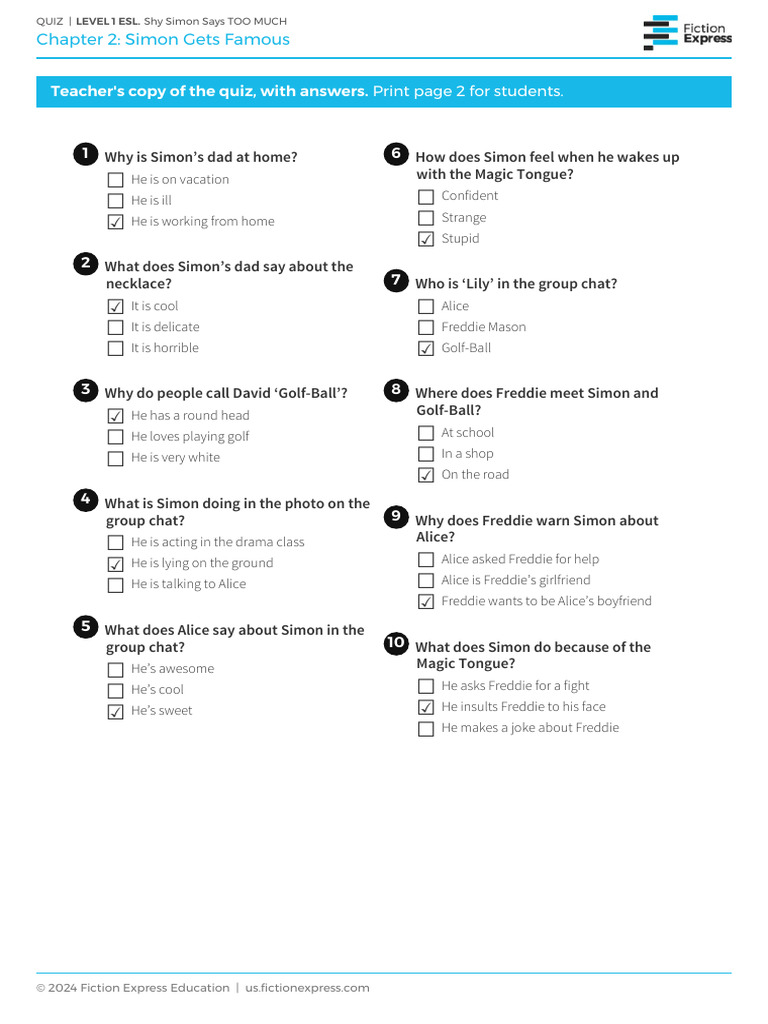 Quiz Shy Simon Says Too Much Chapter 2 L1 A2 | PDF