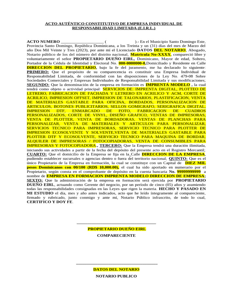 Constitución de E.I.R.L. Impresa Modelo | PDF