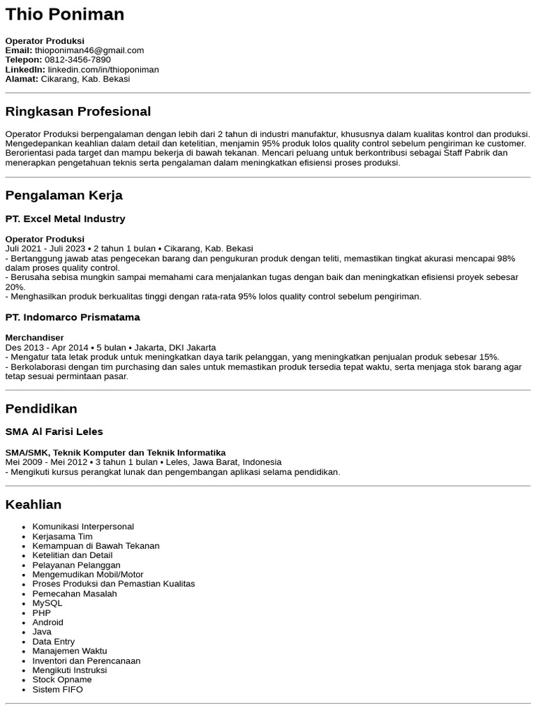 Revisi-Cv-Thio Poniman - Pintarnya - cv-20250228082241 | PDF