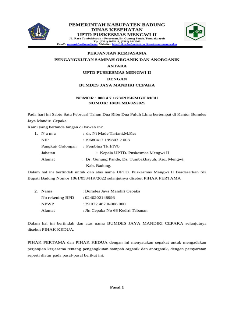 MOU Sampah BUMDES CEPAKA | PDF