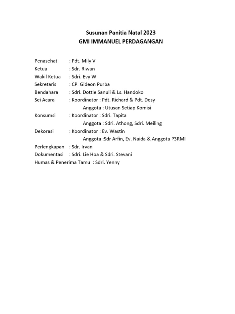Susunan Panitia Natal 2023 | PDF