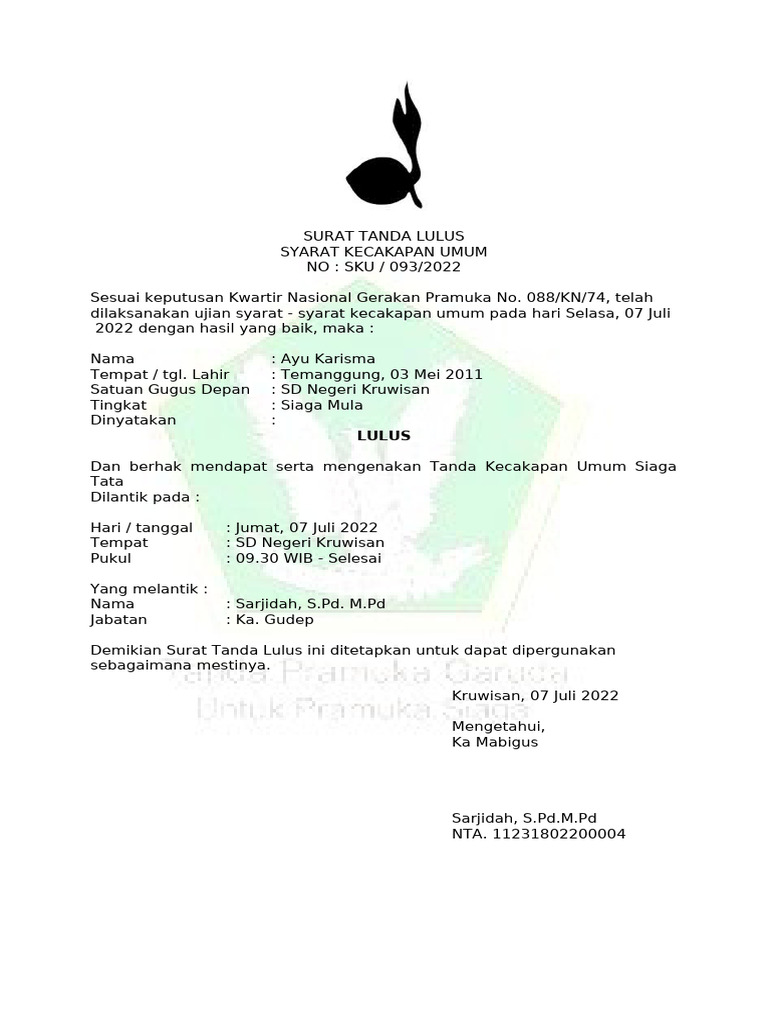 Surat Tanda Lulus Pramuka 2022 | PDF