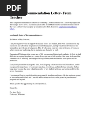 Example Letter Of Recommendation From Teacher How To Ask Your