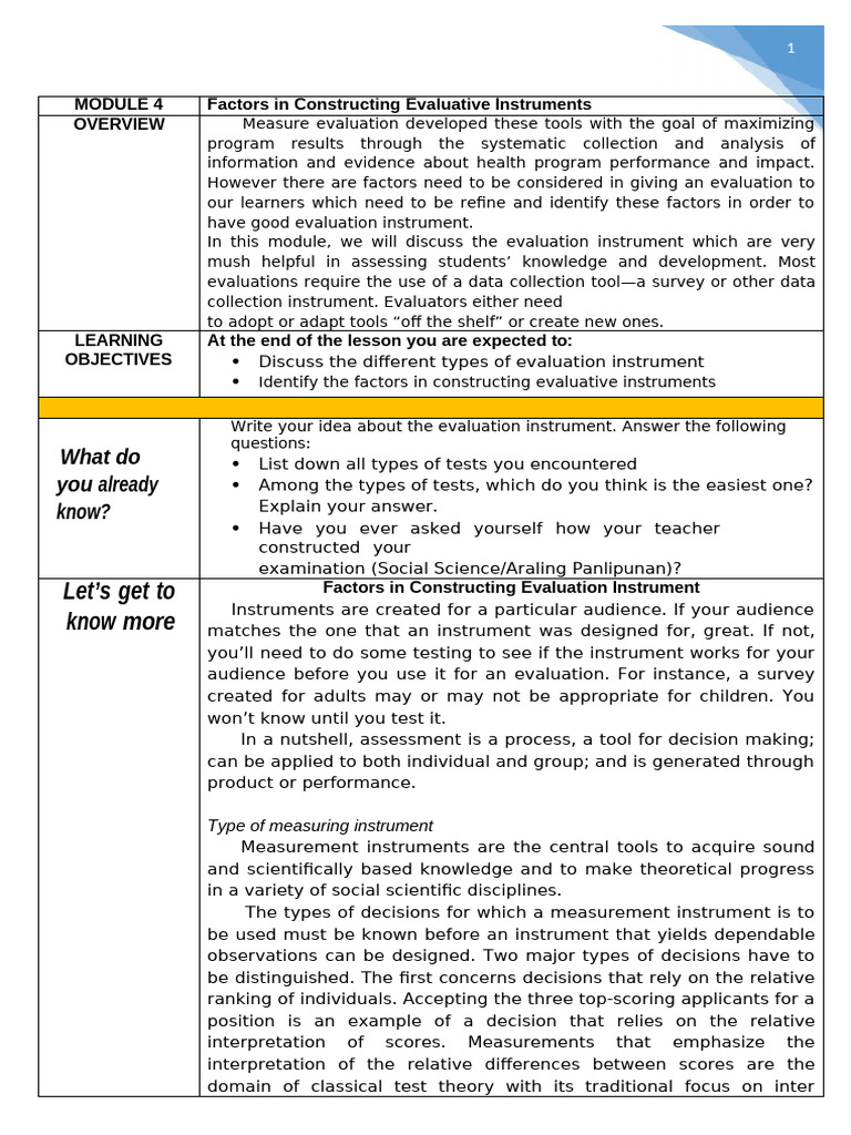 Module 4 Factors in Constructing Evaluation Instrument - Compress | PDF | Educational Assessment ...