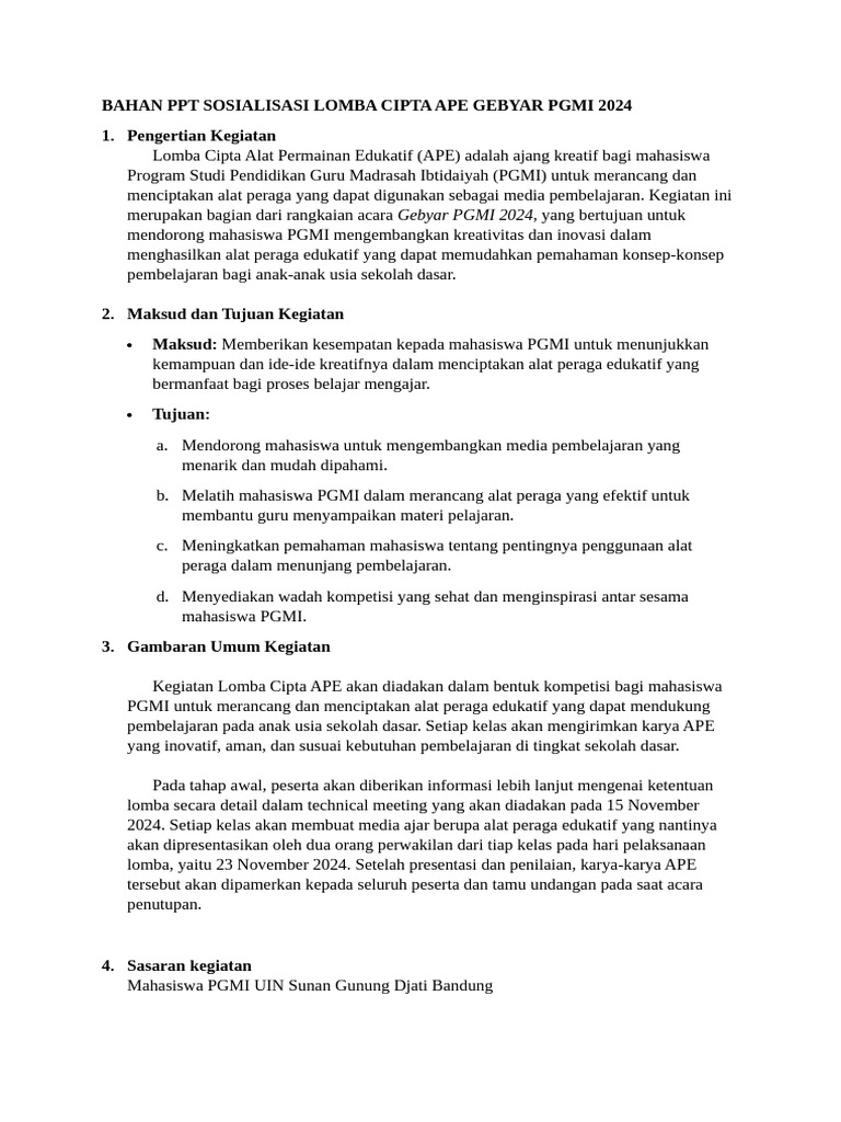 Bahan PPT Sosialisasi Lomba Cipta Ape Gebyar Pgmi 2024 | PDF