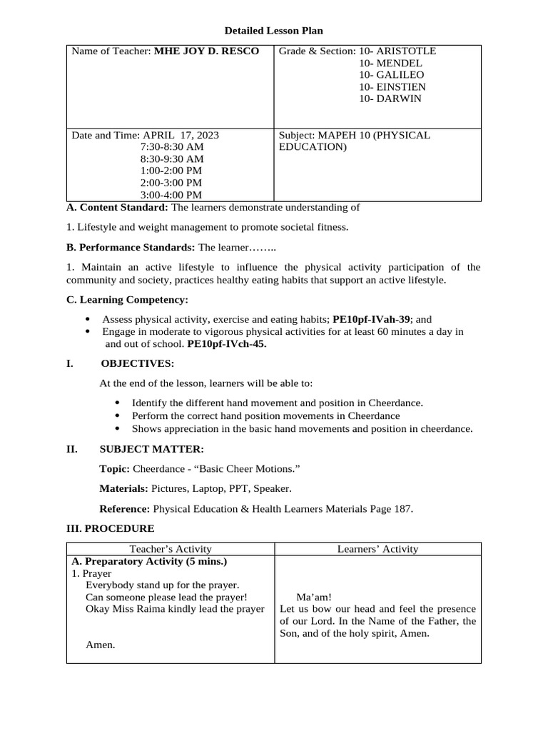 MAPEH 10 Cheerdance Lesson Plan | PDF | Dances | Cheerleading