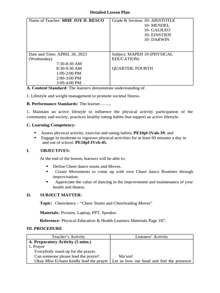 Cheer Dance Lesson Plan for Grade 10 | PDF | Cheerleading