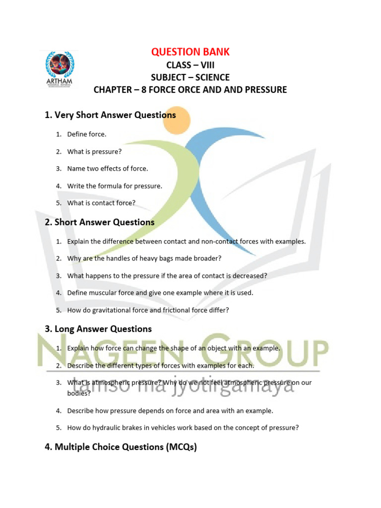 Class-Viii Science CH-8 Question Bank | PDF | Force | Pressure