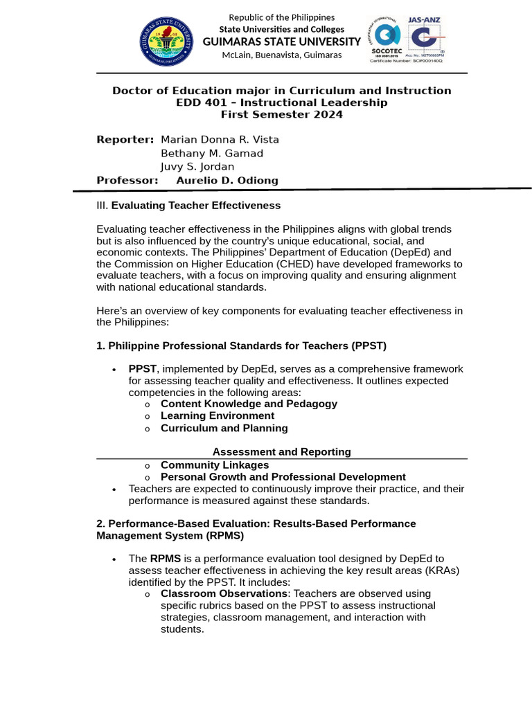 Evaluating Teacher Effectiveness In The Philippines Pdf Teachers