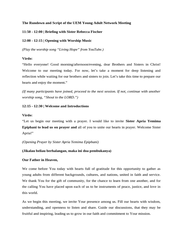 The Rundown and Script of The UEM Young Adult Network Meeting 22 2 25 ...