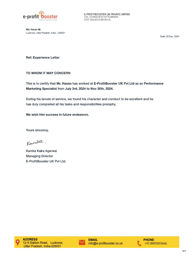 Md. Hasan - Exp Letter | PDF