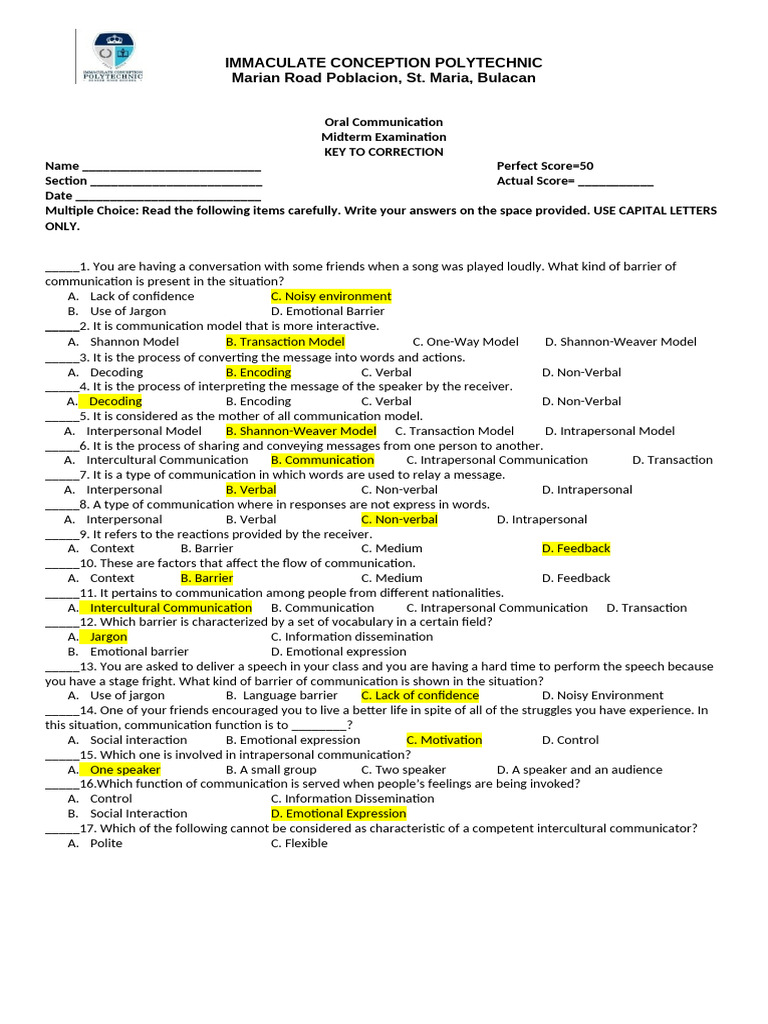 Answer Key Midterm Eng100 | PDF | Communication | Nonverbal Communication