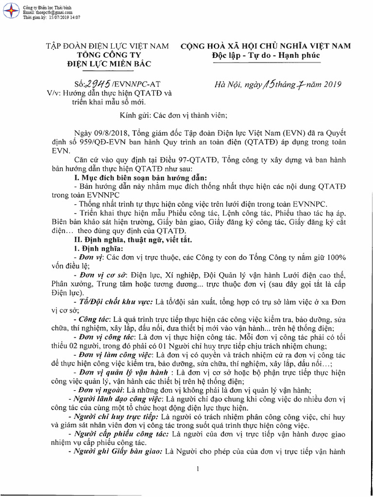 2945.15.7.2019. EVN NPC Huong Dan Thuc Hien QT959 Va Mau So Moi | PDF