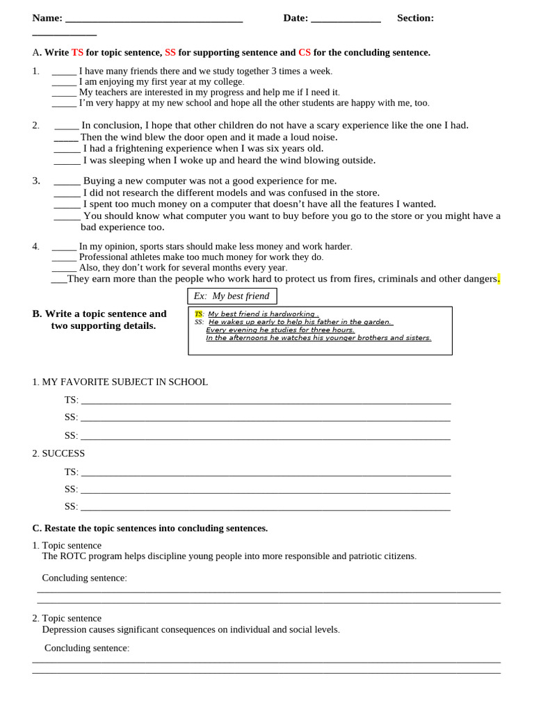 TOPIC SENTENCE SUPPORTING DETAILS CONCLUDING SENTENCE ACTIVITY | PDF