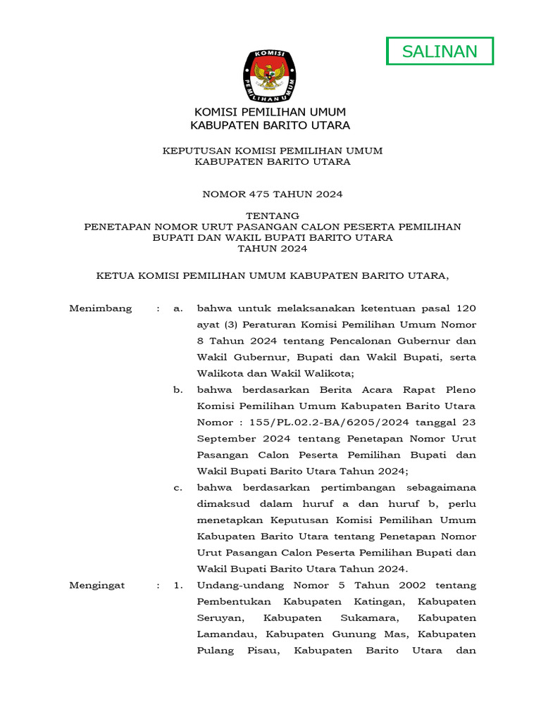 Salinan SK Penetapan Nomor Urut Calon Bupati Dan Wakil Bupati Barito Utara Tahun 2024 | PDF