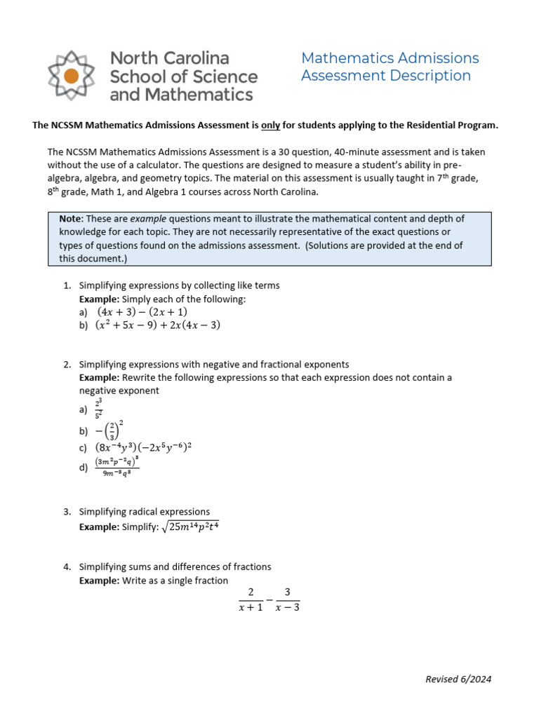 Math Admissions Test Description - Revised 6 - 2024 | PDF | Mathematics ...